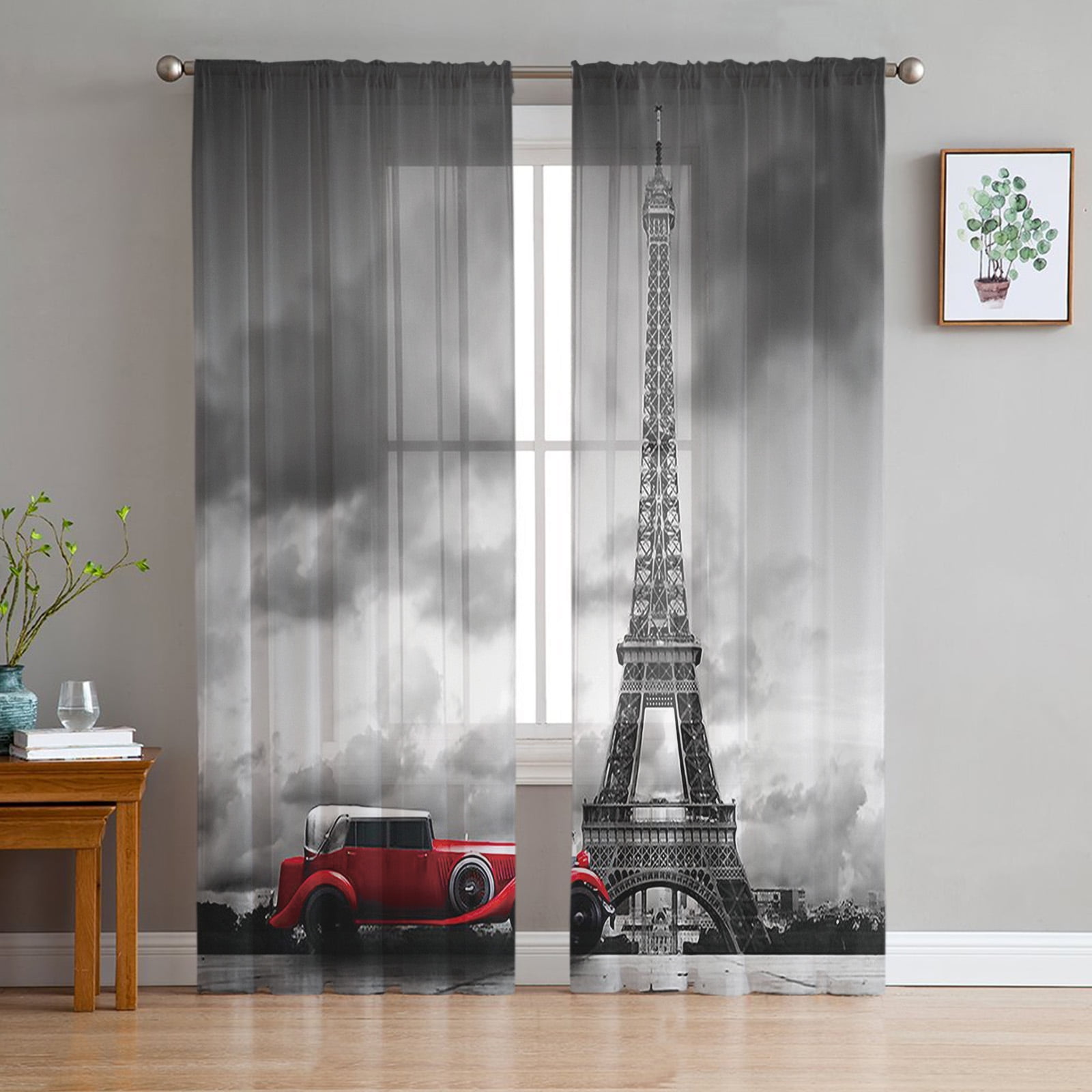 Paris Eiffel Tower With Red Car Window Curtains Bedroom Modern Drape ...