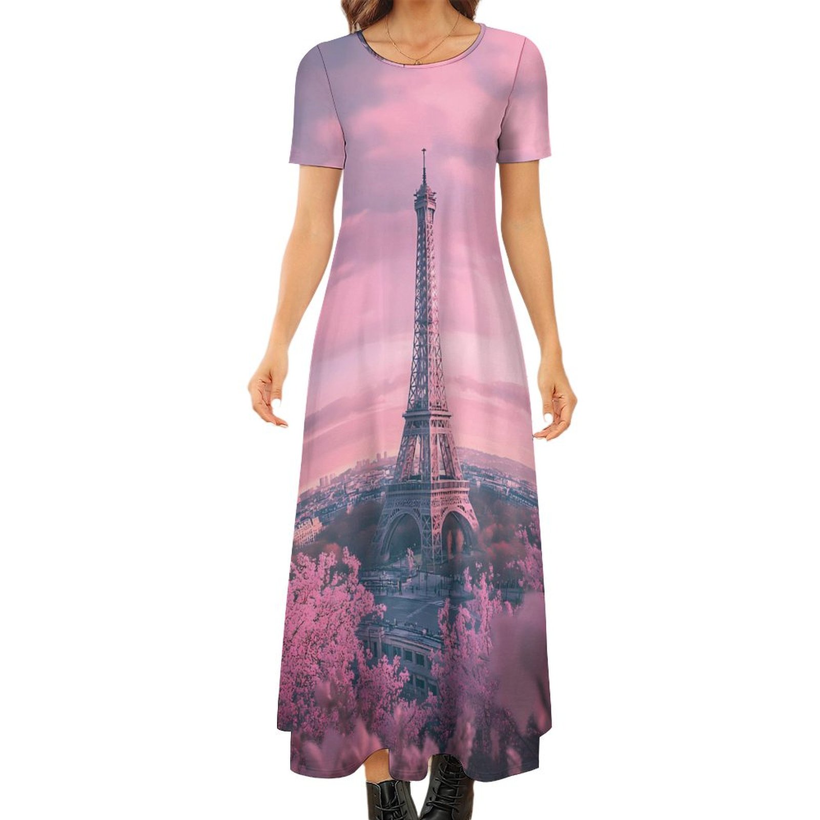 Paris Eiffel Tower Women's Maxi Dress Summer Casual Short Sleeve T ...