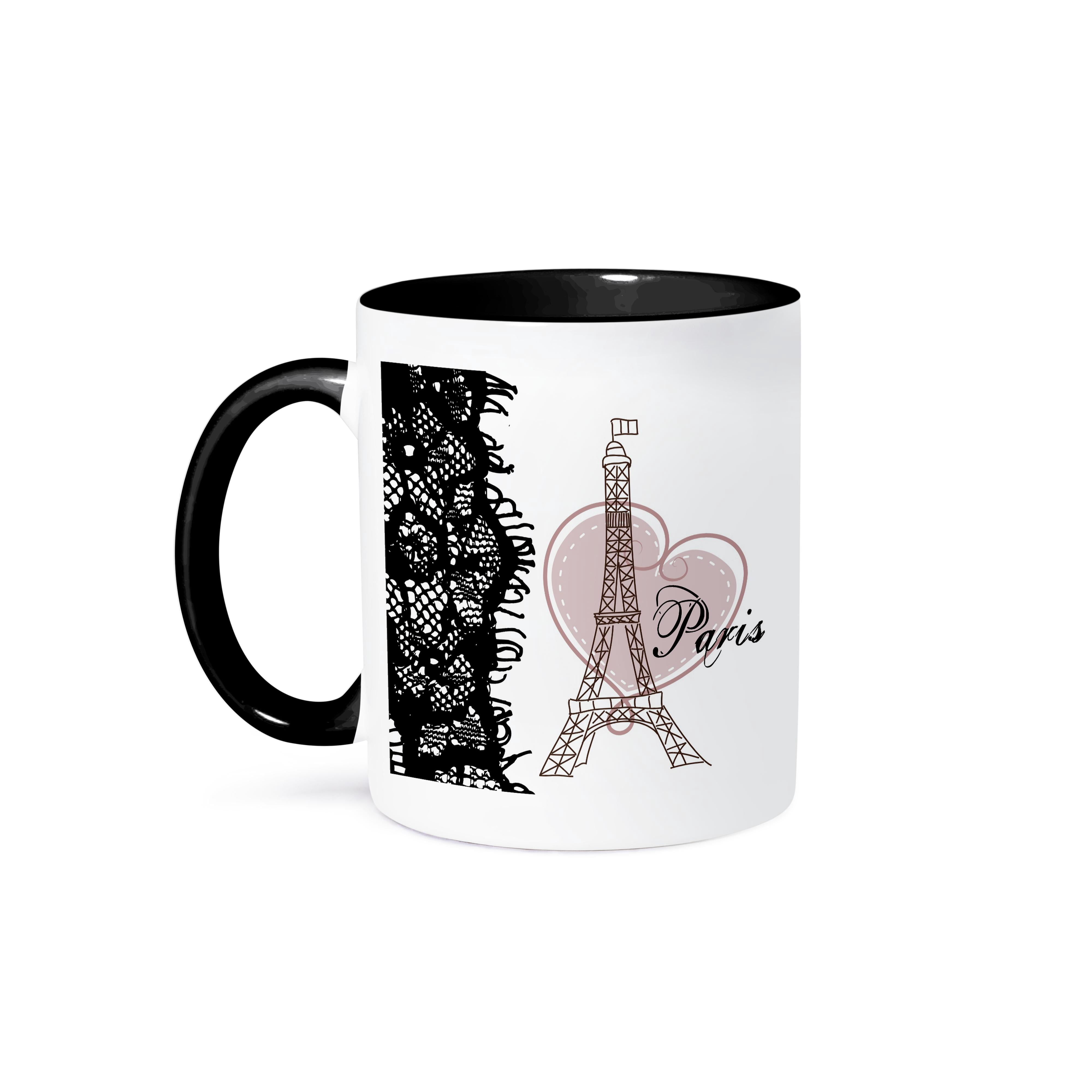 3dRose, Paris Eiffel Tower with Heart and black lace, 15oz Two-Tone ...