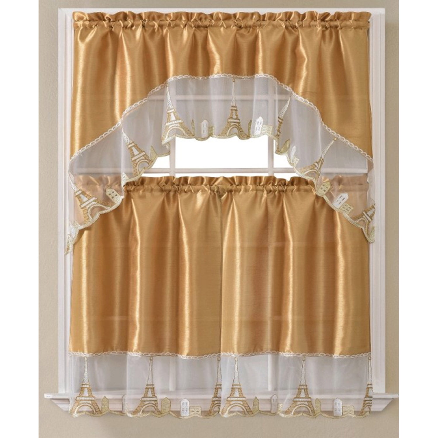 Paris Embroidered Kitchen Curtain Set, Gold, Swag 60x36, 30x36 Inches ...