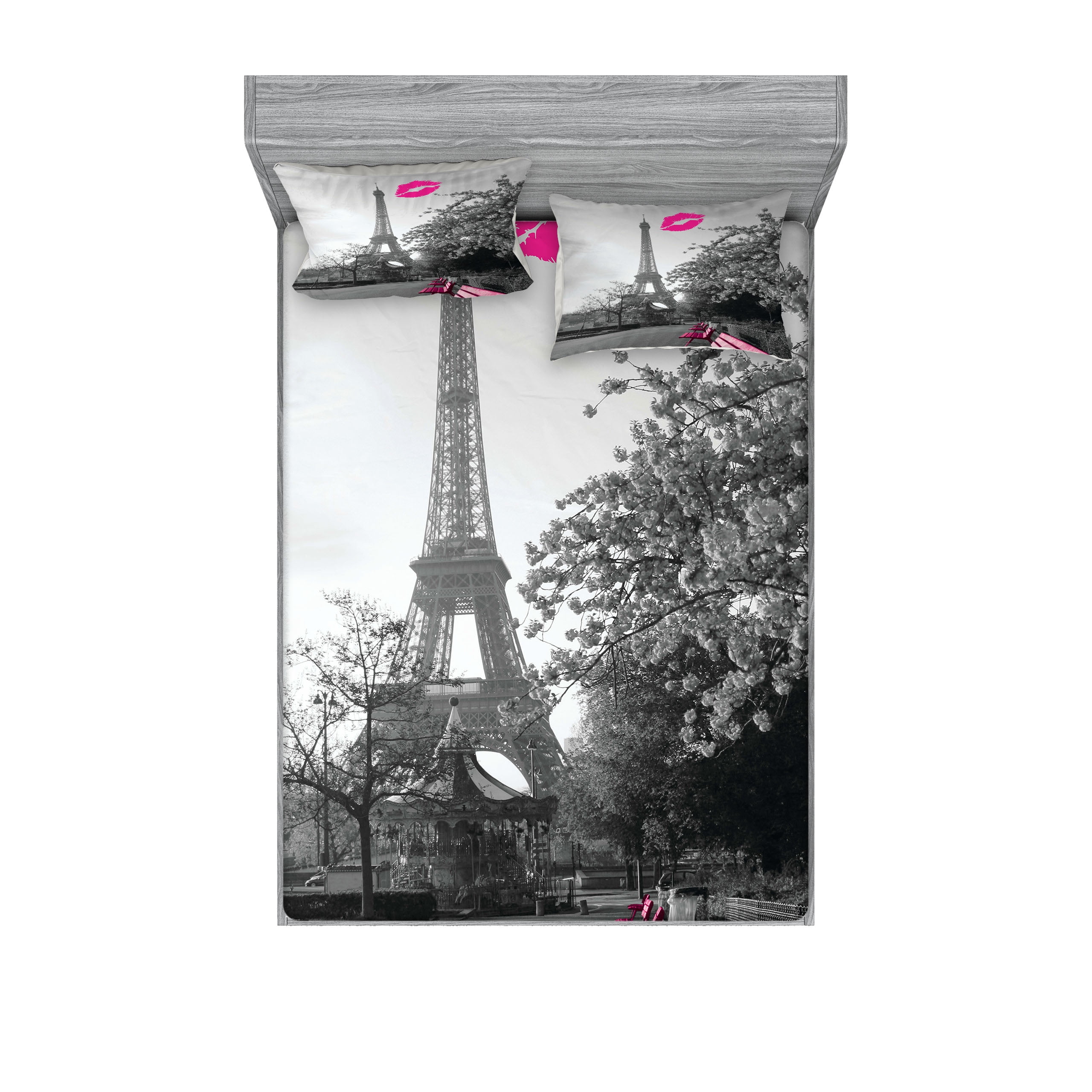 Paris Fitted Sheet & Pillow Sham Set, Romantic Monochrome Photo of ...