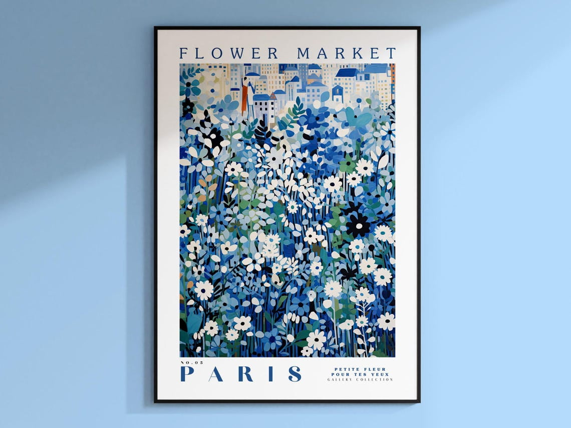 Paris Flower Market Poster, Blue Floral Art, Blue Botanical Wall Art ...