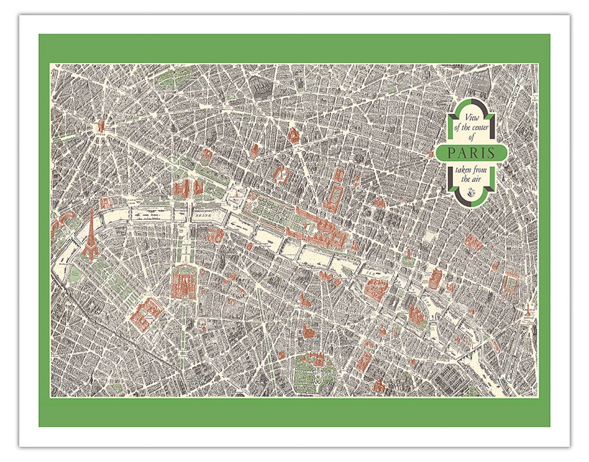 Paris France - Aerial View of The City Center Map - Vintage Colored ...