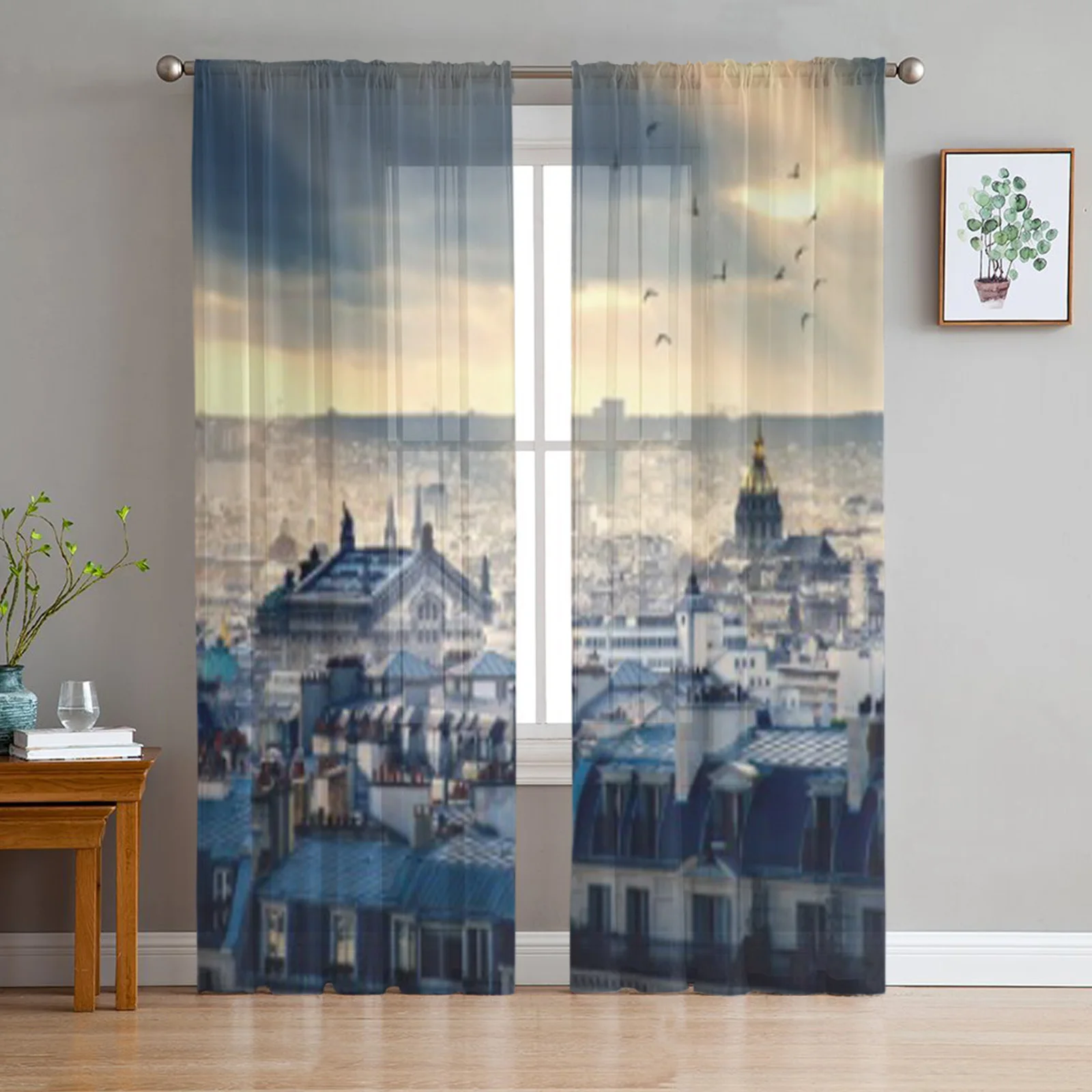 Paris France Cityscape With Eiffel Tower Sunset Chiffon Sheer Curtains ...