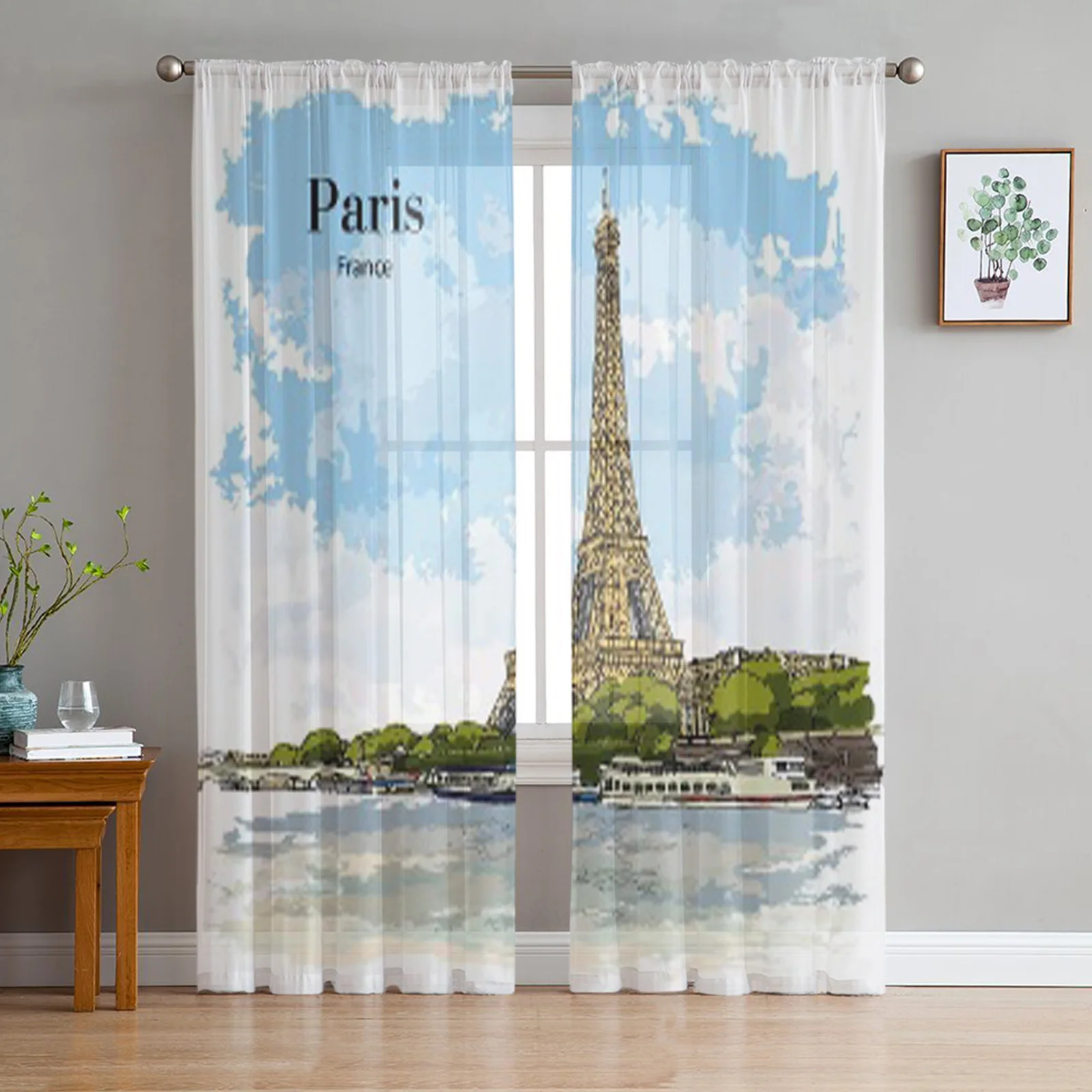 Paris France Cityscape With Eiffel Tower Sunset Chiffon Sheer Curtains ...