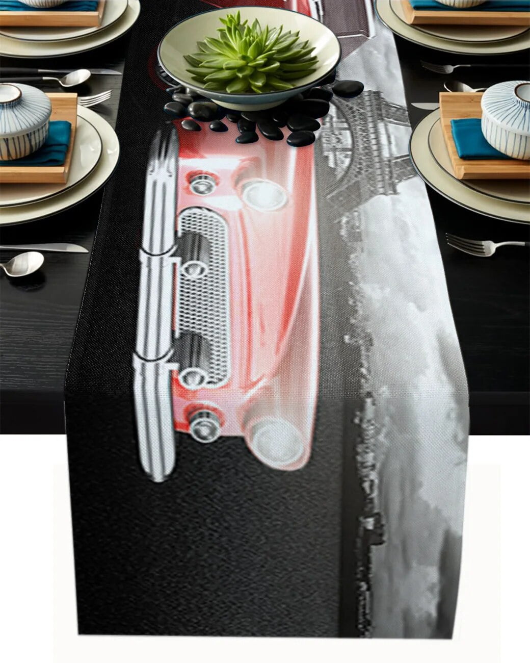 Paris France Cloudy Day Red Car Table Runner Home Wedding Table Flag ...