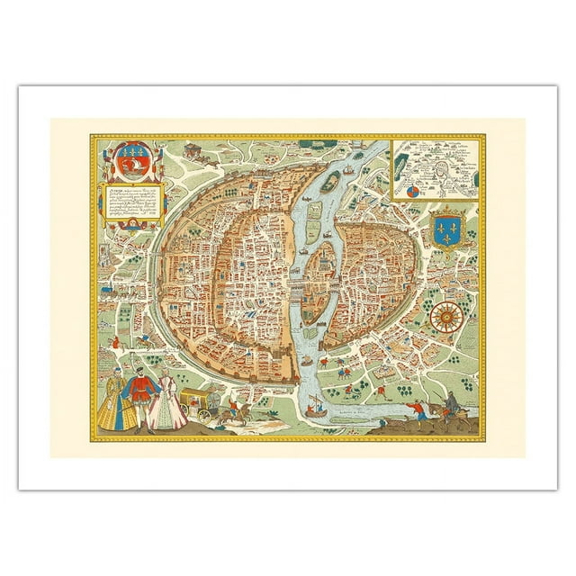 Paris France - Map of the City - Vintage Pictorial Map c.1578 - Fine ...