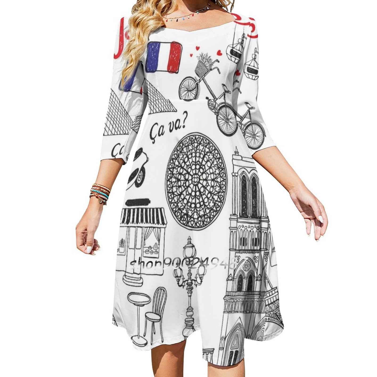 Paris France Travel Theme Design Sweetheart Knot Flared Dress Fashion ...
