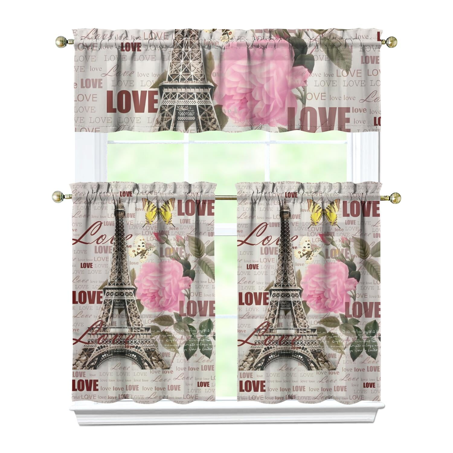 Paris Girly Pink Kitchen Curtains Set, Travel Adventure Vintage Style ...