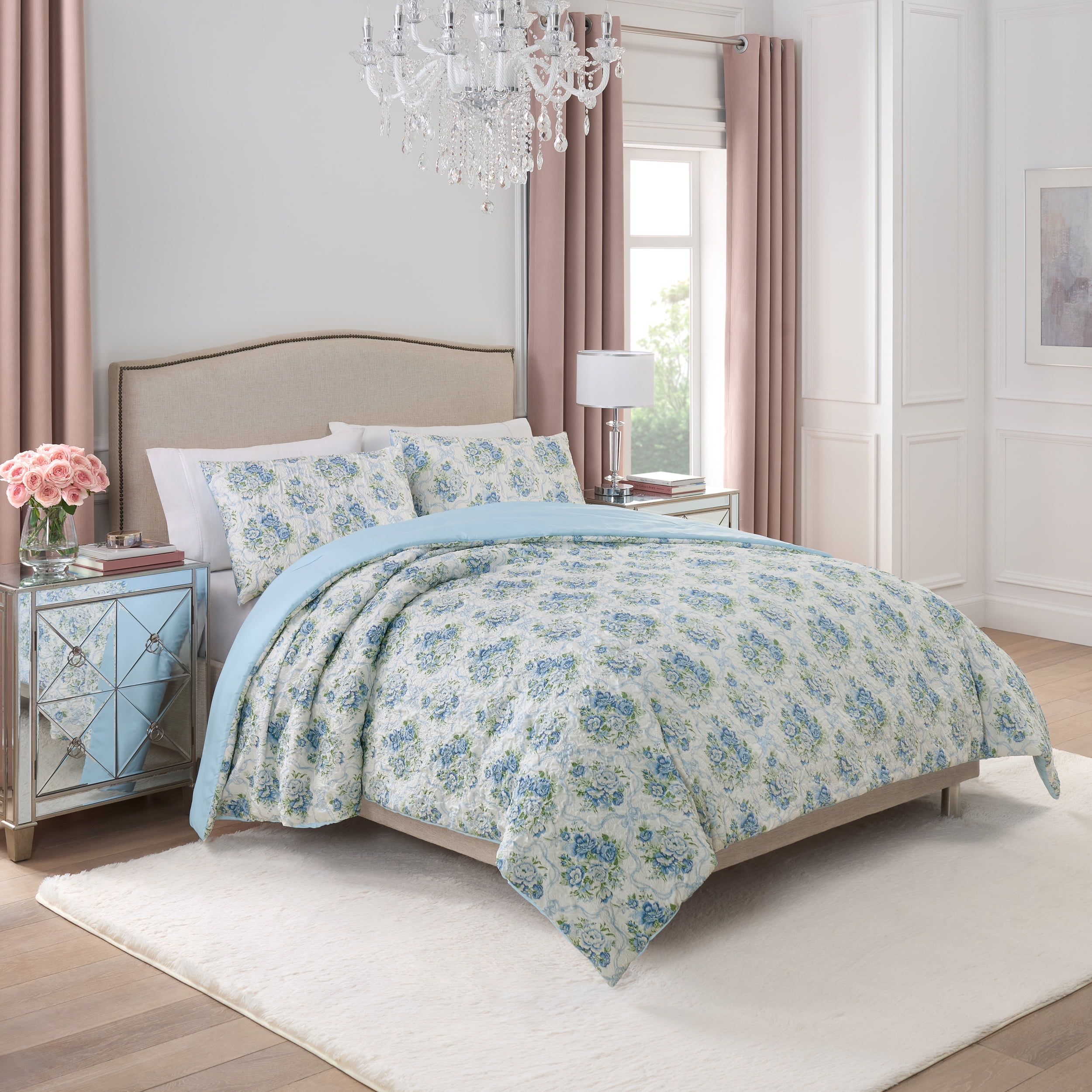 Paris Hilton 3-Piece Coquette Floral Blue Comforter Set, Full/Queen ...