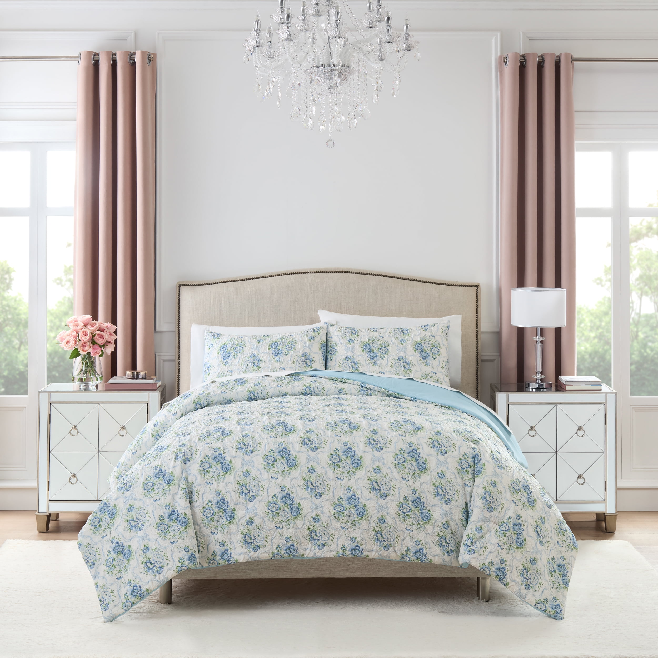 Paris Hilton 3-Piece Coquette Floral Blue Comforter Set, King - Walmart.com