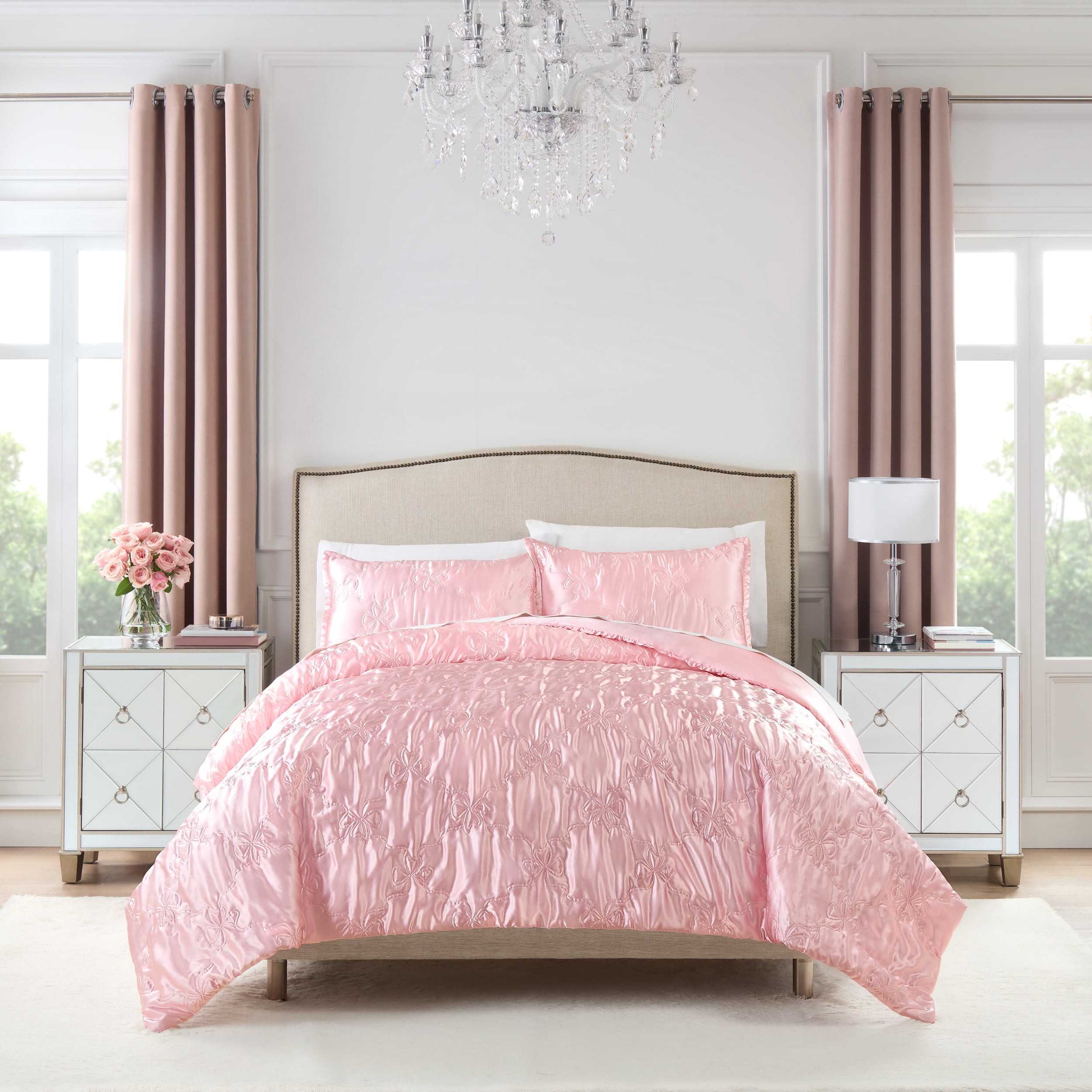 Paris Hilton 3-Piece Cordelia Satin Pink Comforter Set, King - Walmart.com