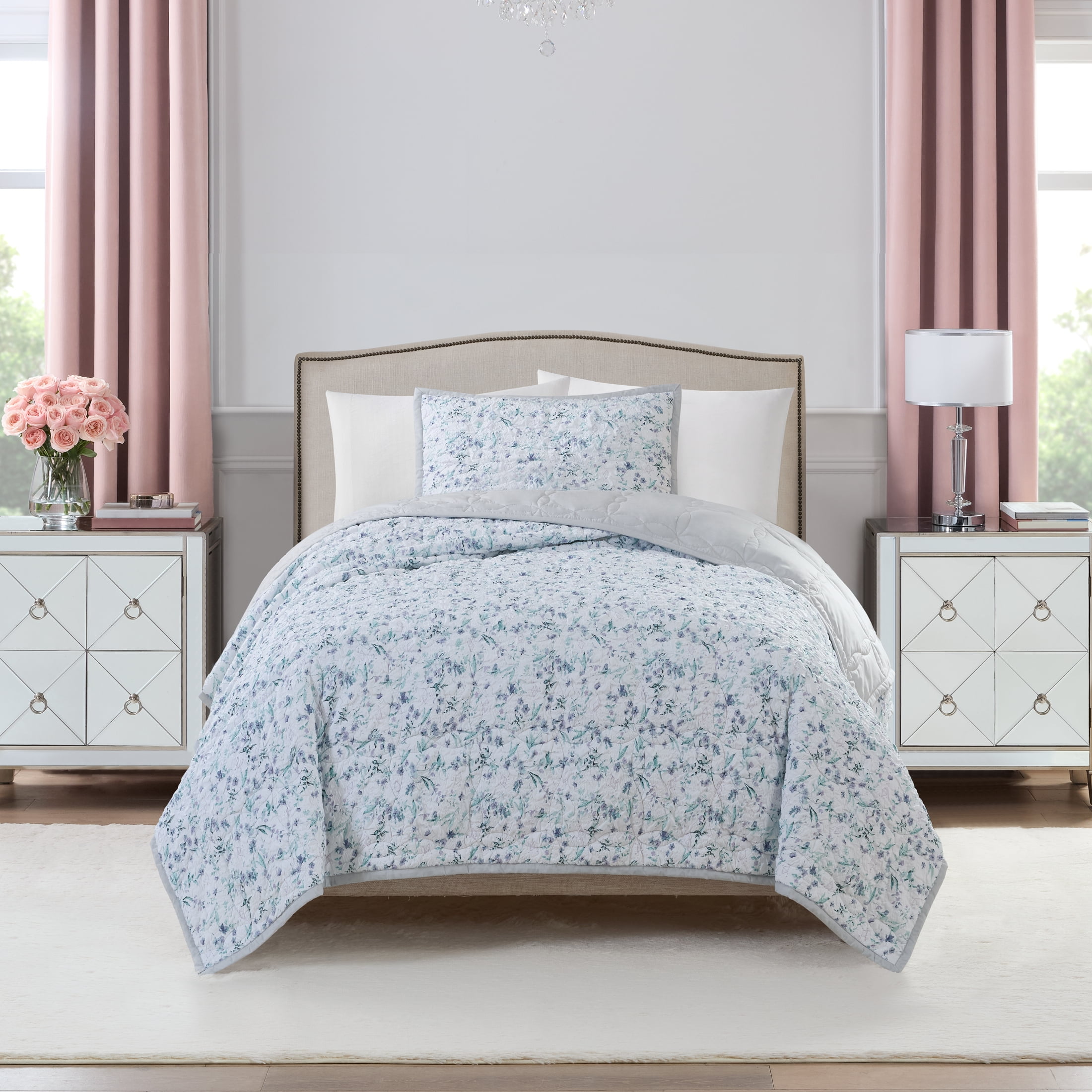 Paris Hilton Camille Lilac Grey Floral Quilt Set, Twin, Reversible 2 ...