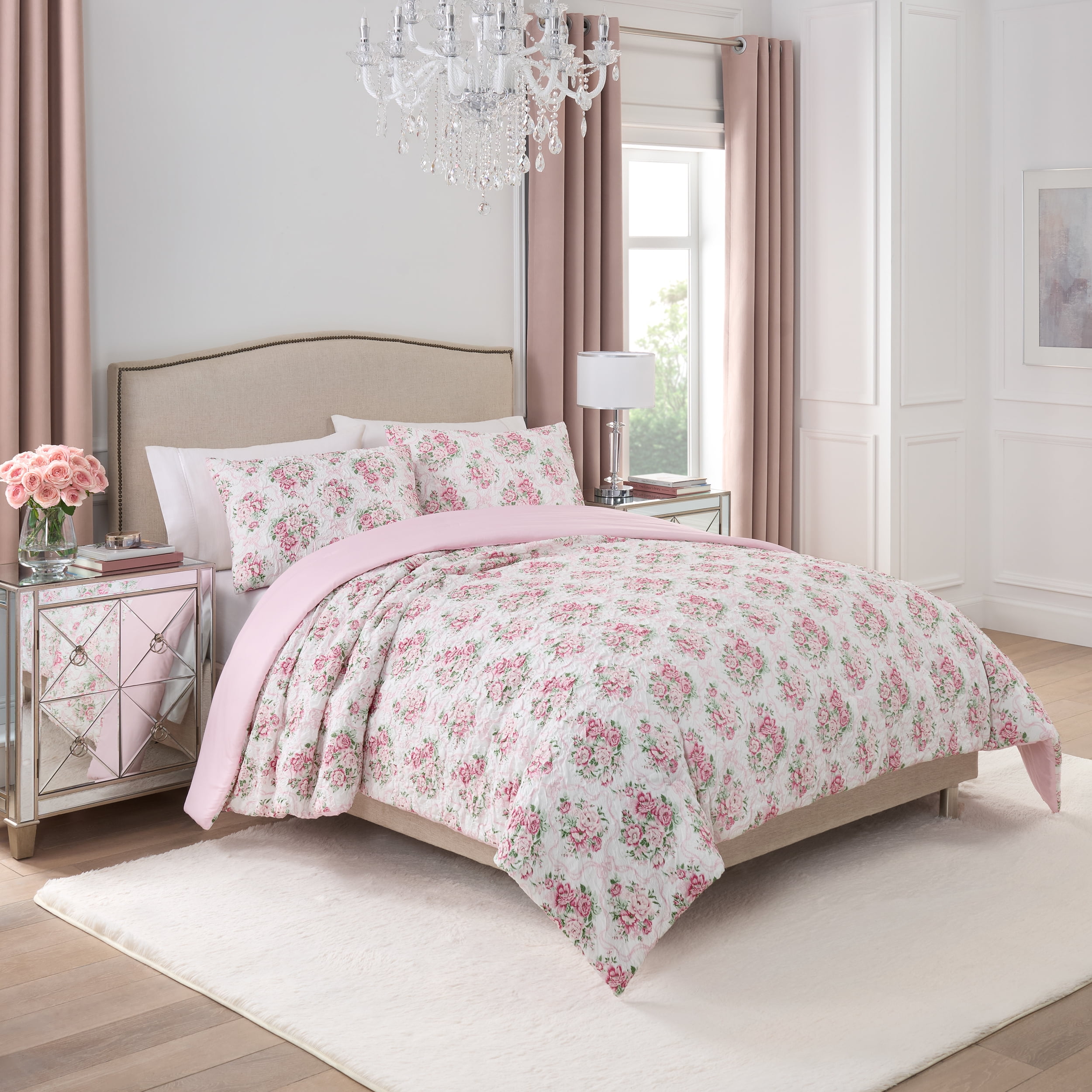 Paris Hilton Coquette 3-Piece Floral Pink Comforter Set, Full/Queen ...
