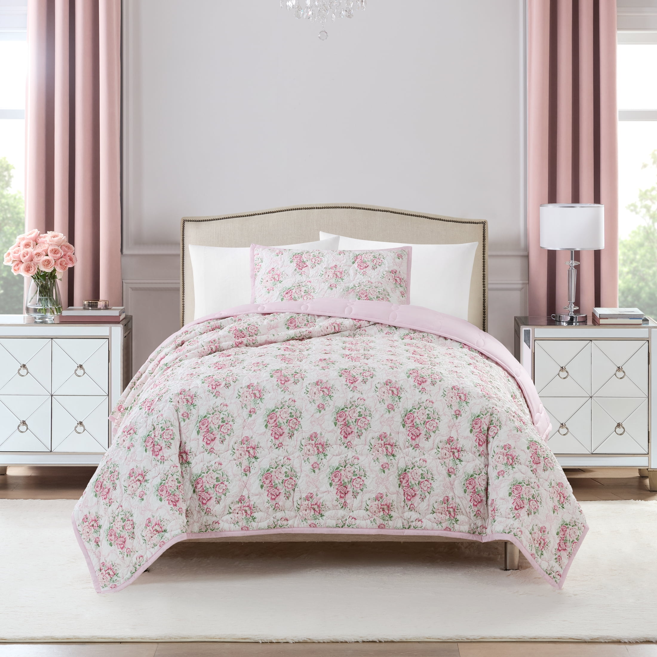 Paris Hilton Coquette Blush Pink Floral Quilt Set, Twin, Reversible 2 ...