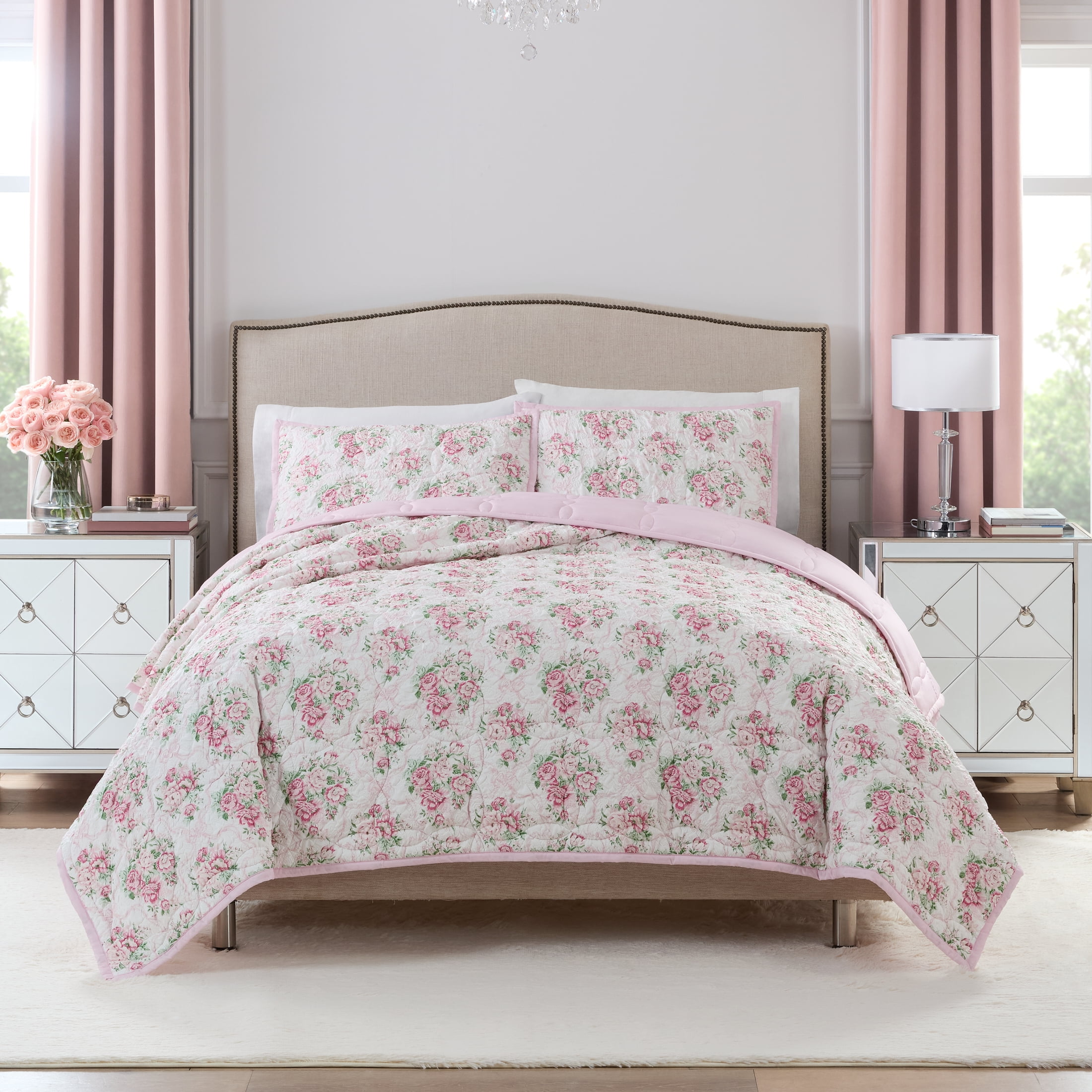 Paris Hilton Coquette Blush Pink Floral Quilt Set, Full/Queen, Reversible 3-Piece Bedding ...