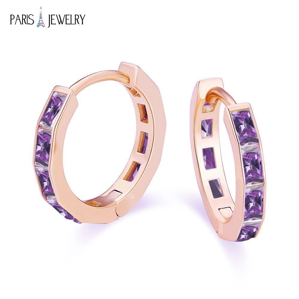 Paris Jewelry 18K Rose Gold Amethyst 3 Ct Emerald Cut Huggie Hoop ...