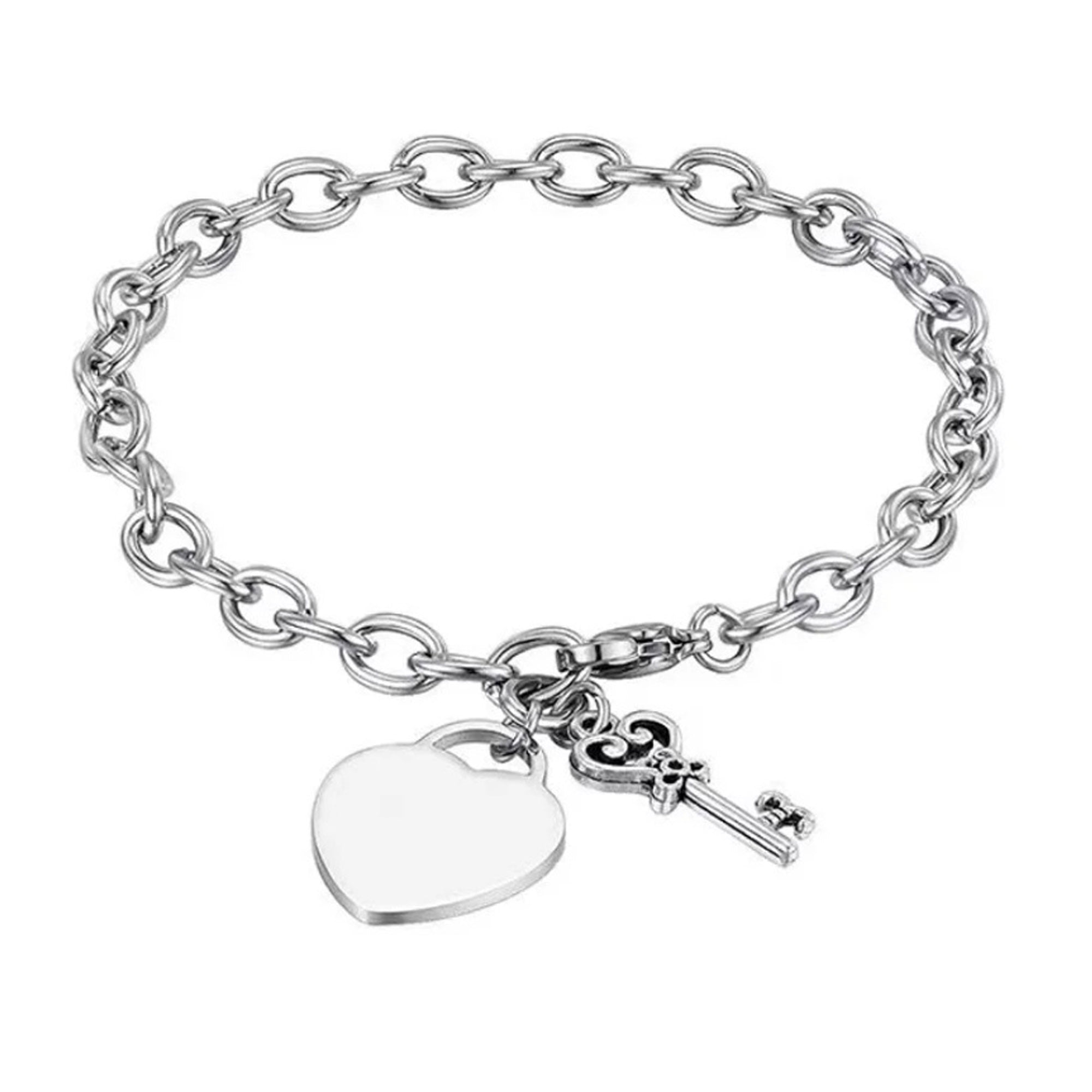Paris Jewelry Shiny Heart & Key Charm White Gold Toggle Bracelet ...