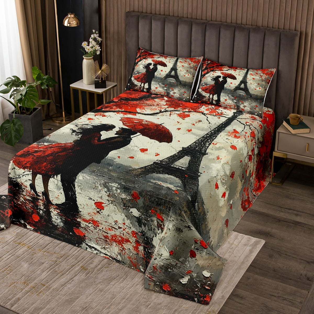 Paris Landmark French Style Quilt Coverlet Set Red Flower Plant Super ...