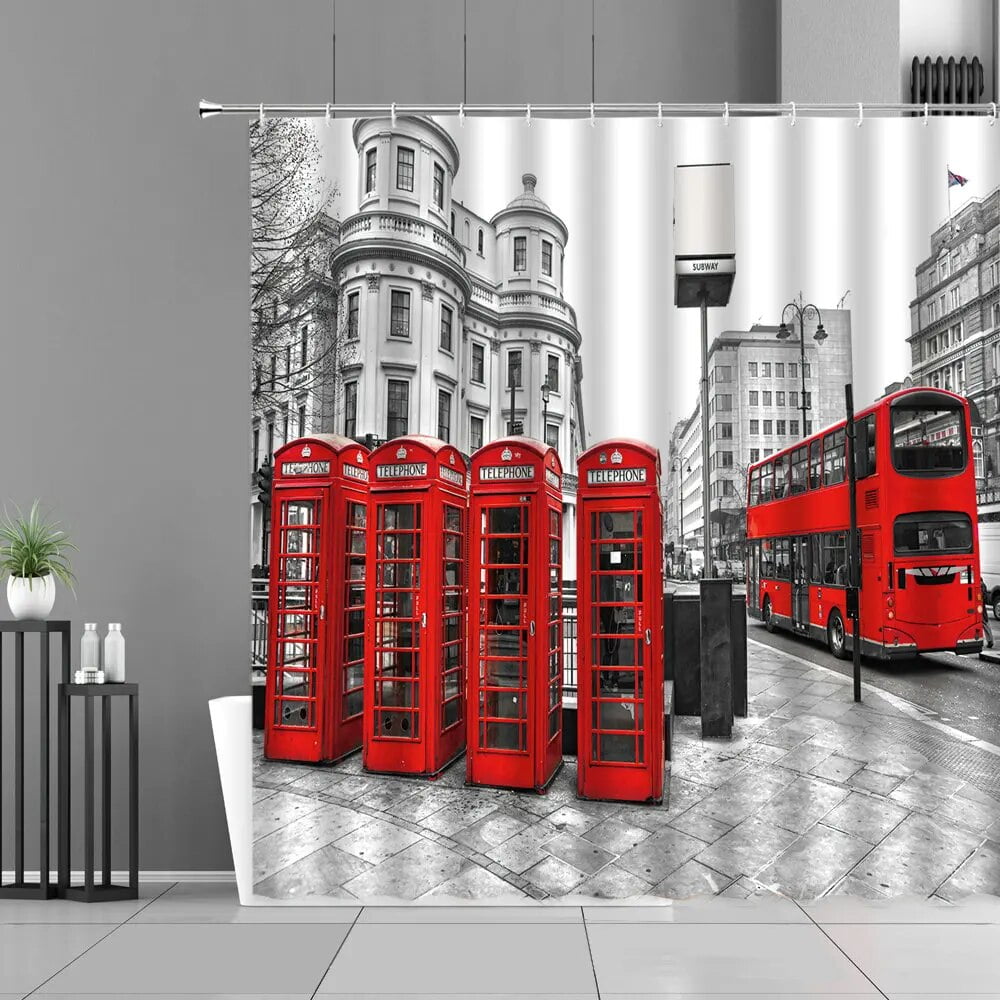 Paris London City Street Scape Shower Curtains Red Bus Car Telephone ...