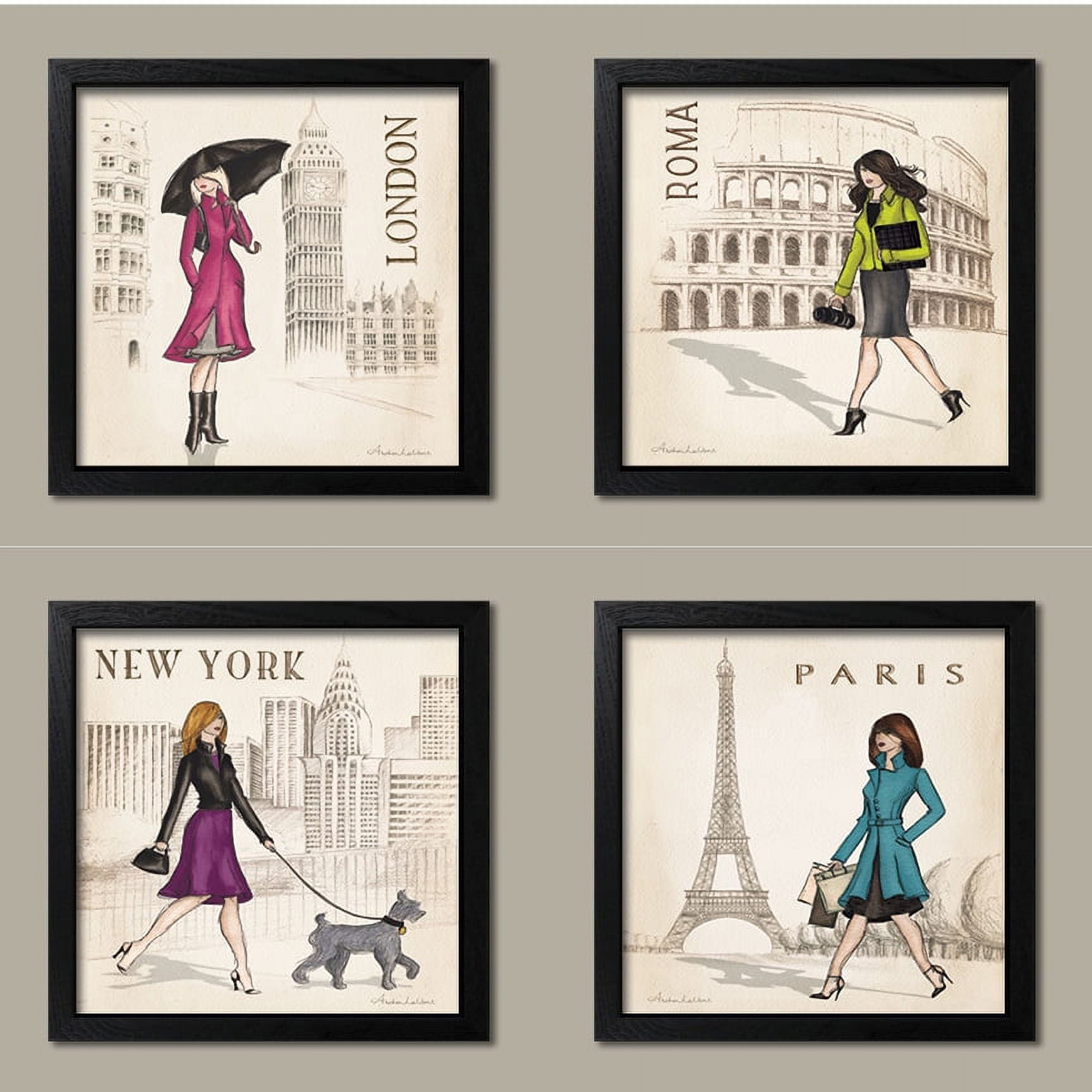 Paris, London, Roma and New York Set by Andrea Laliberte, Four 12 by 12 ...