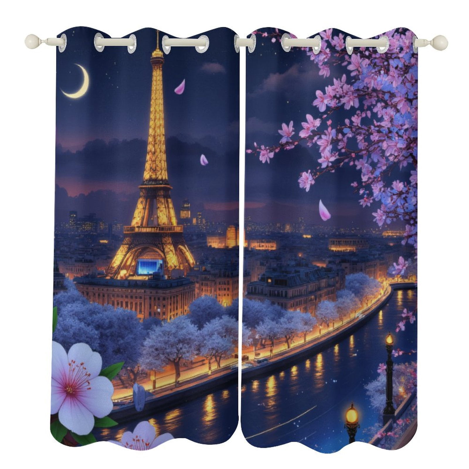 Paris Night Eiffel Tower Cherry Blossoms Blackout Window Curtains for ...