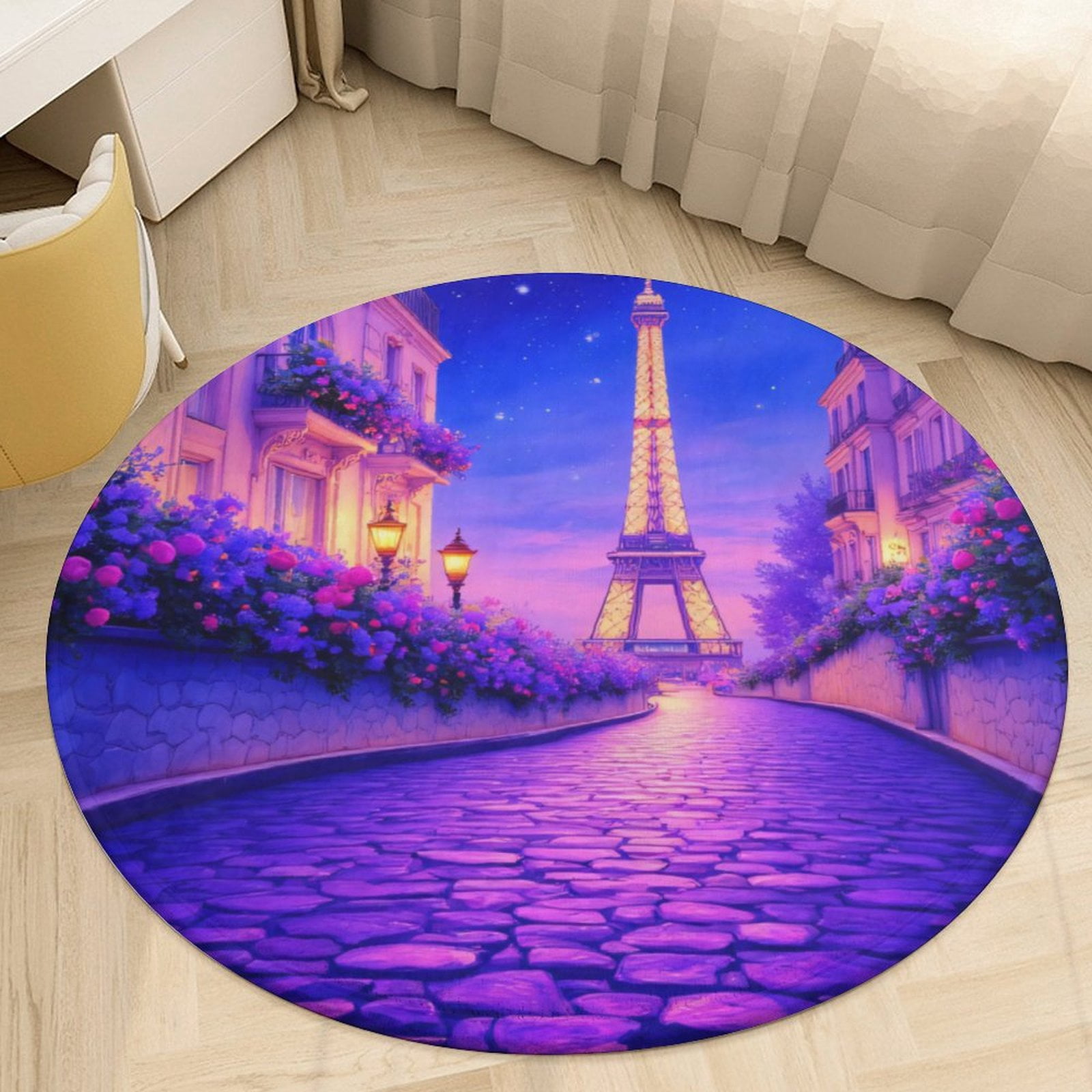 Paris Night Scene with Eiffel Tower Round Area Rugs for Bedroom Living ...