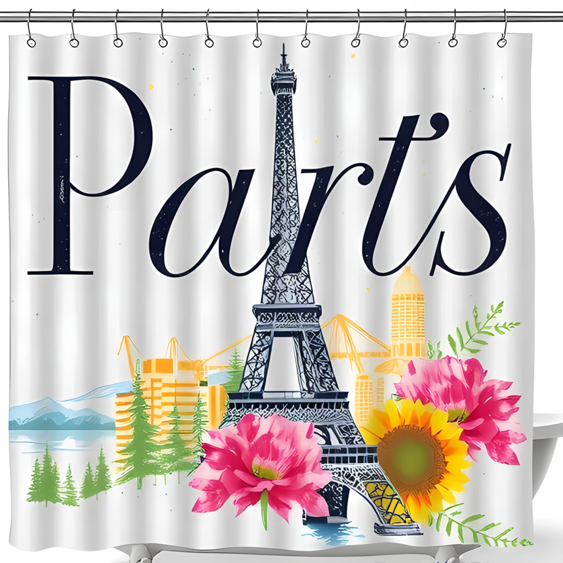 Paris Shower Curtain with Design Bold 'Paris' Text Vibrant Floral ...