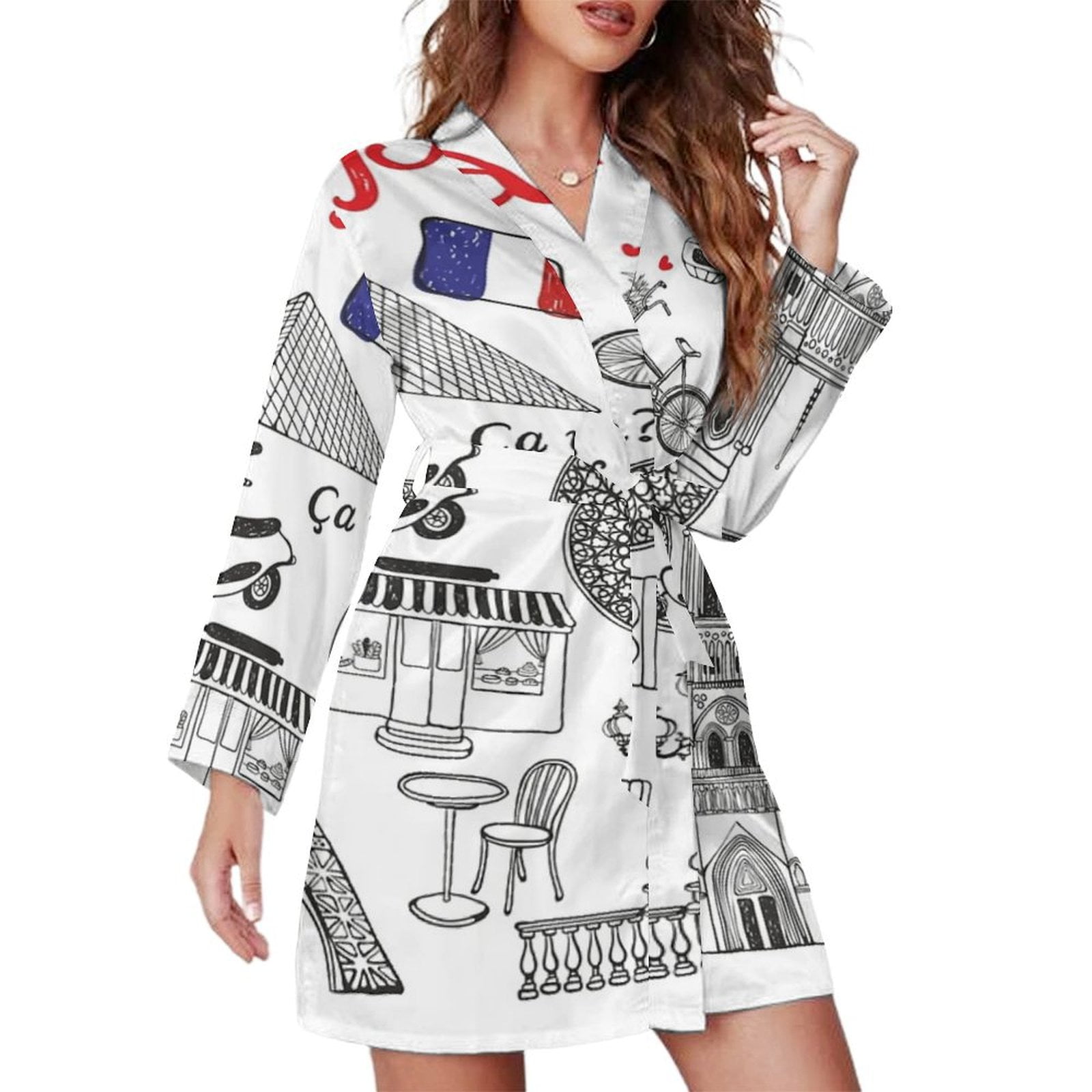 Paris Sketch Hand Drawn Night Robe Long Sleeve V Neck Robe With Belt ...