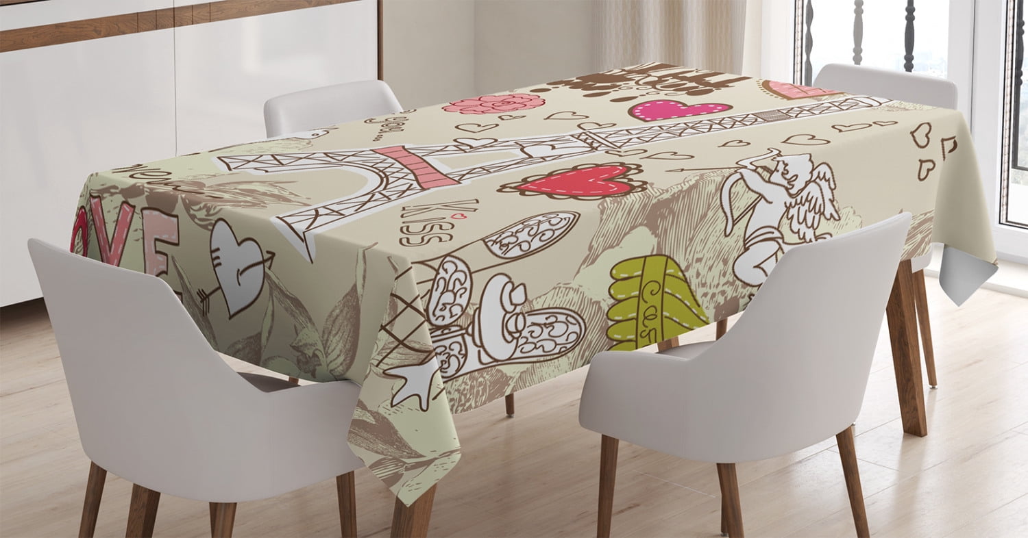 Paris Tablecloth, Doodles Illustration of Eiffel Tower Hearts ...
