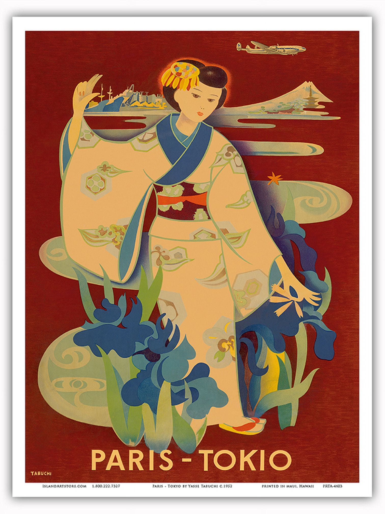 Paris-Tokyo - Japanese Geisha in Kimono - Vintage Airline Travel Poster by Yasse Tabuchi c.1952 ...