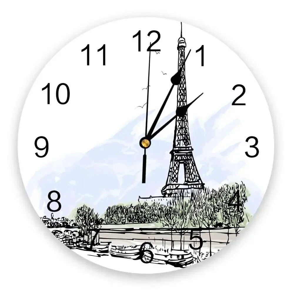 Paris Tower Flowers House Building Wall Clocks Non Ticking for Girl Boy ...