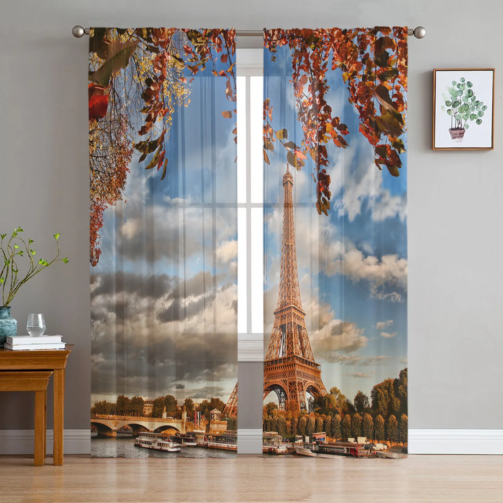 Paris Tower Hot Air Balloon Bicycle Retro Tulle Sheer Curtain for ...