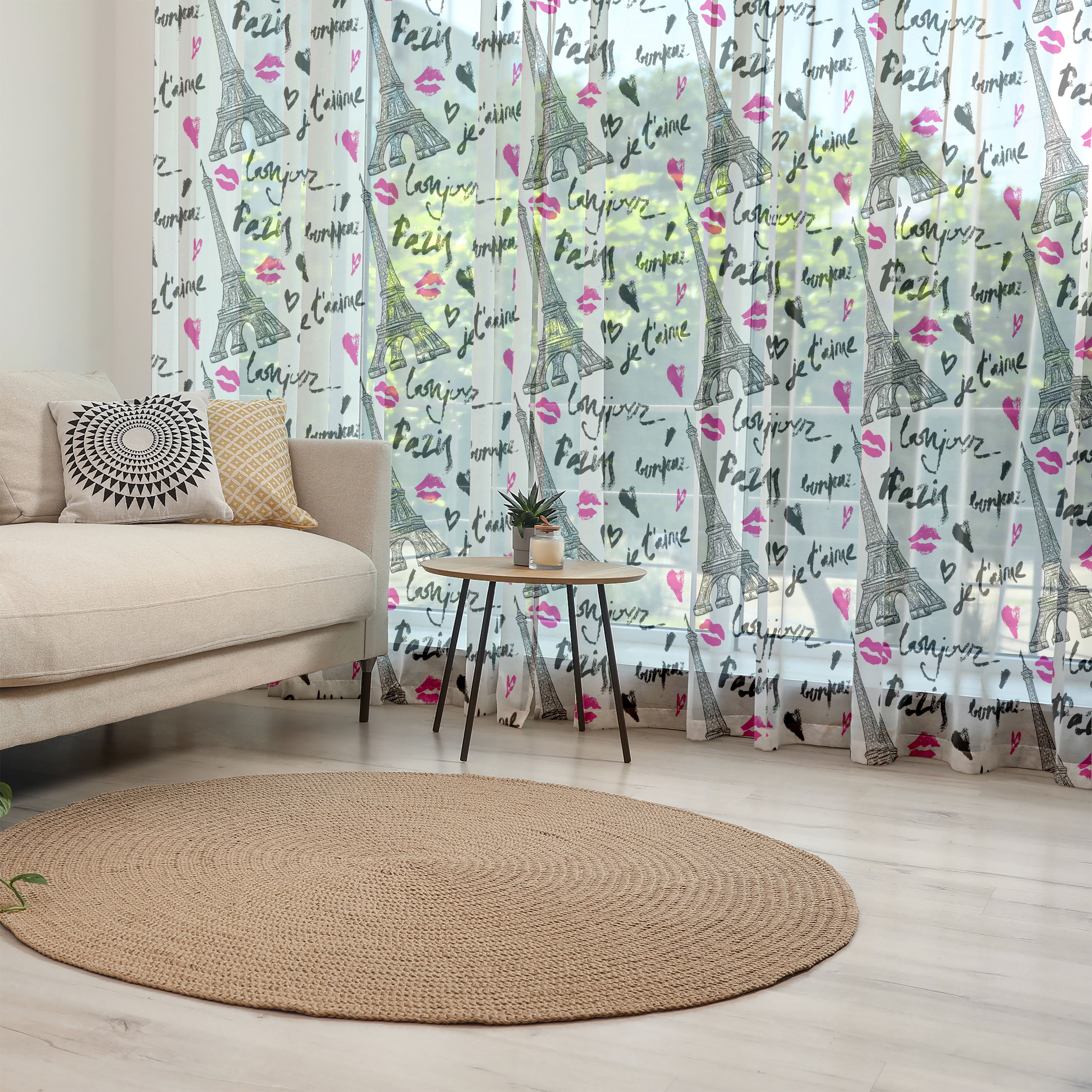 Paris Tulle Curtains with Rod Pocket, Eiffel Tower Lipstick Kiss Heart ...