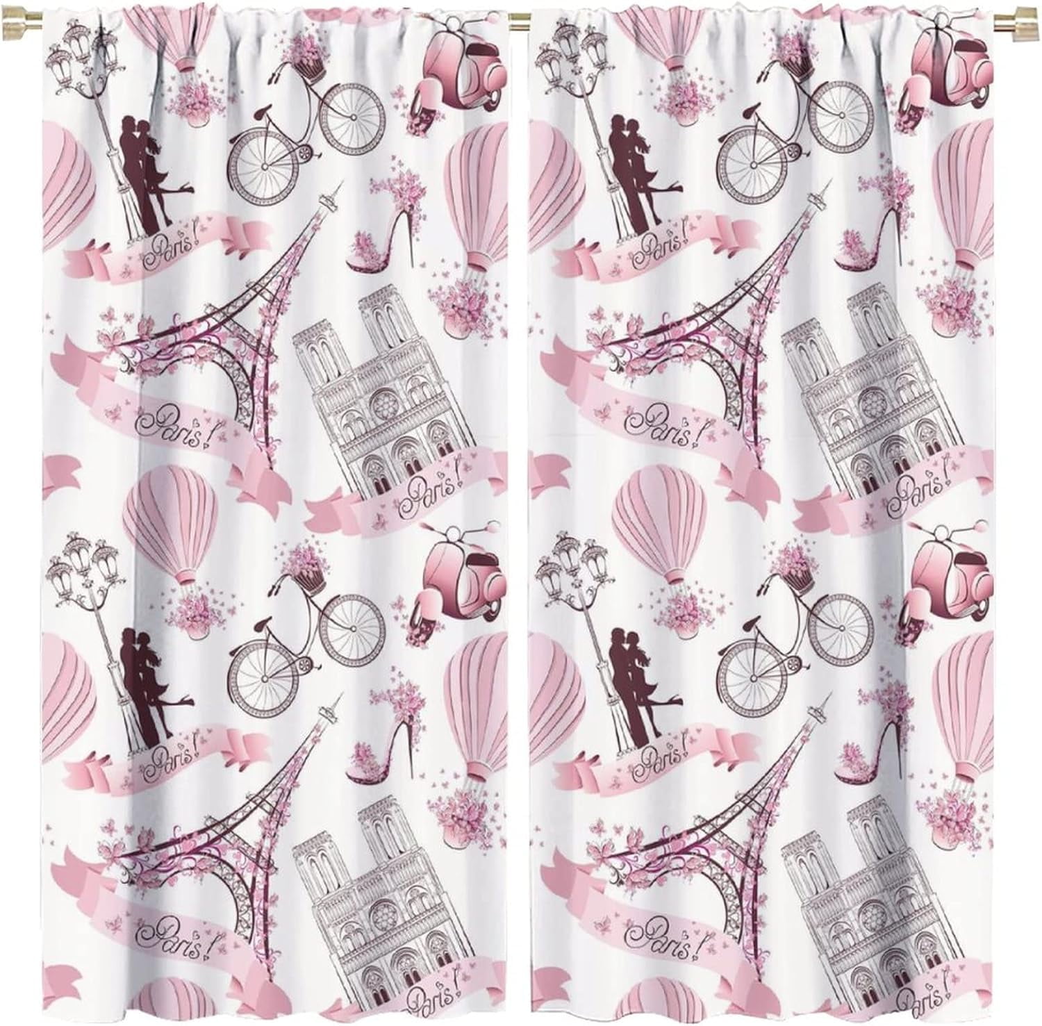 Paris Window Curtains, Valentines Day Theme with Eiffel Kissing Couple ...