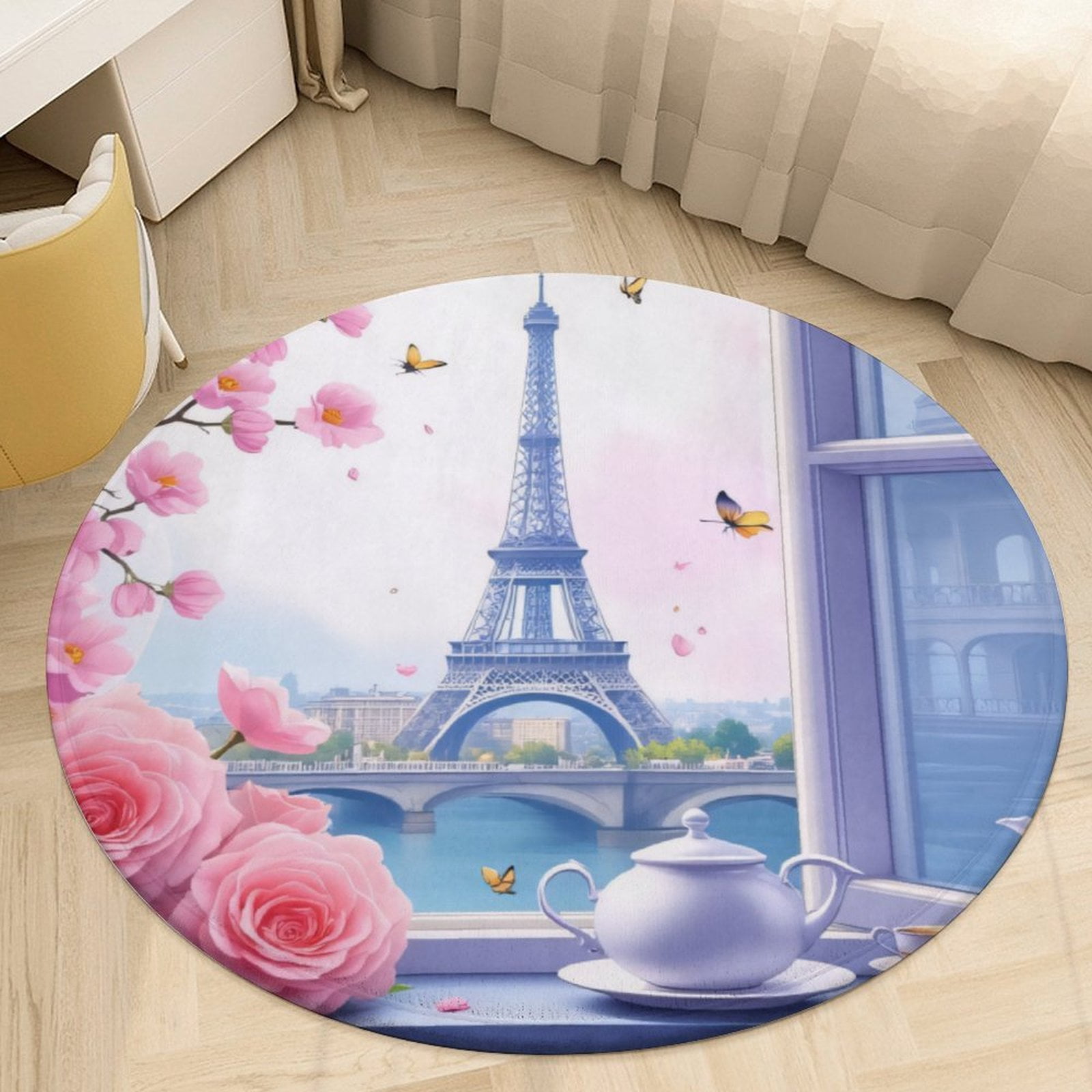 Paris Window View with Eiffel Tower Round Area Rugs for Bedroom Living ...