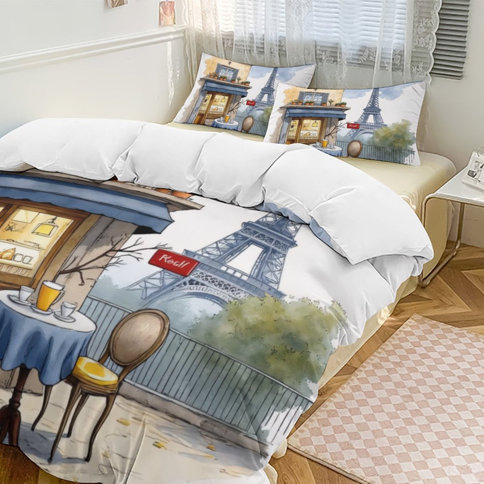 Parisian Cafe Eiffel Tower View Duvet Cover Set Themed Multicolor ...