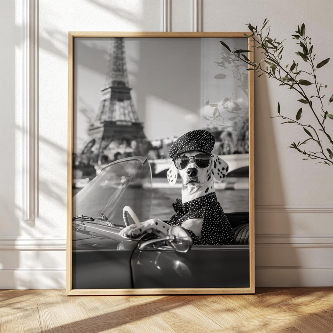 Parisian Dalmatian Poster Wall Art, Dog With Beret Driving By Eiffel ...