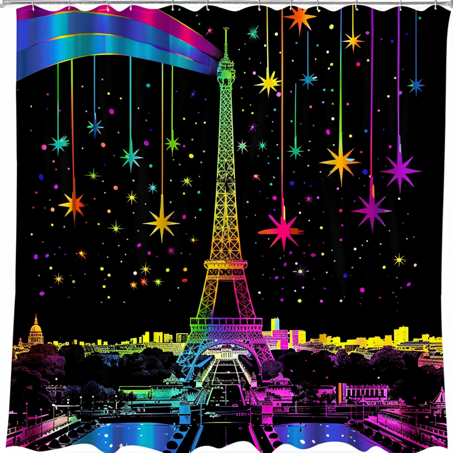 Parisian Dreams Shower Curtain Vibrant Neon Lights Starry Night Sky ...