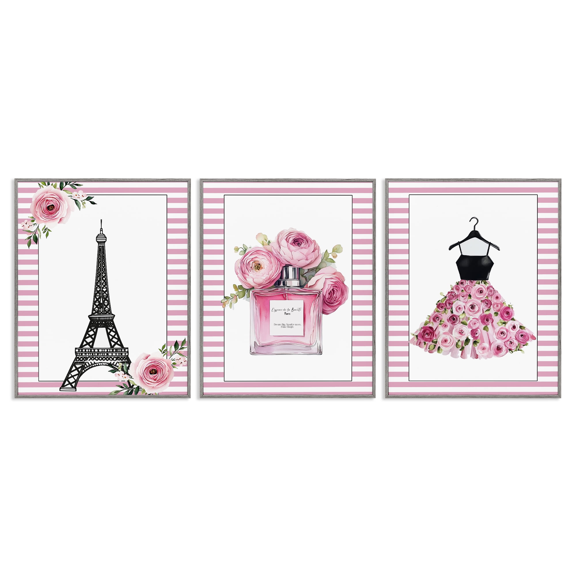 Parisian Glam with Stripes 3 Piece Gray Framed Giclee Art Set, design ...