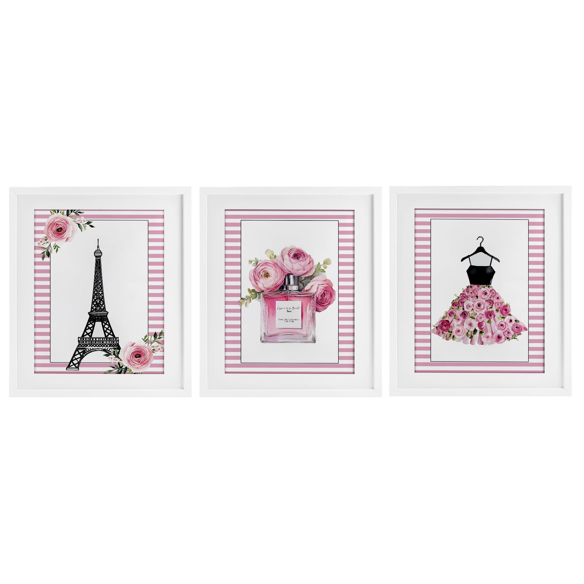 Parisian Glam with Stripes 3 Piece White Framed Print Under Glass Set ...