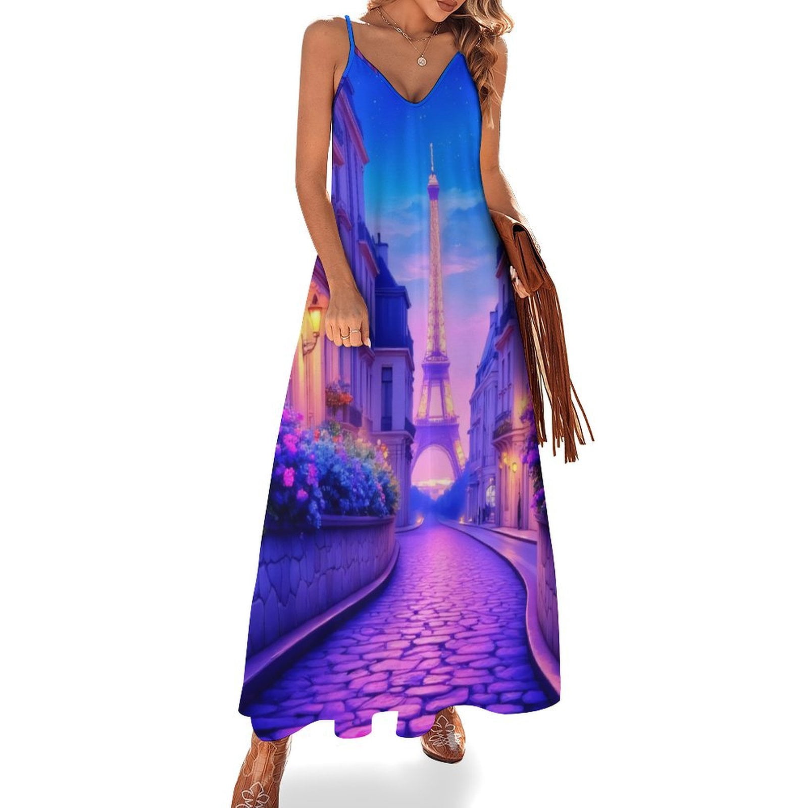 Parisian Night Scene with Eiffel Tower Sleeveless Dress Women's Luxury ...