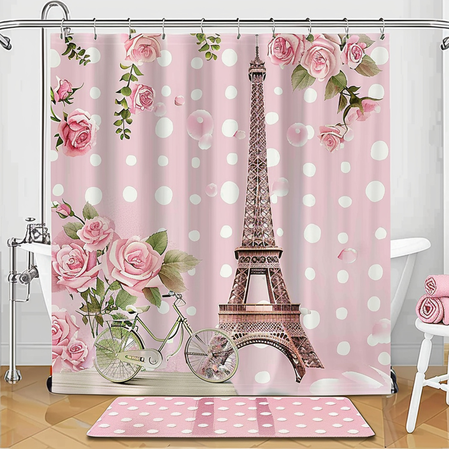 Parisian Style Eiffel Tower Shower Curtain with Pink Floral Print Cute ...