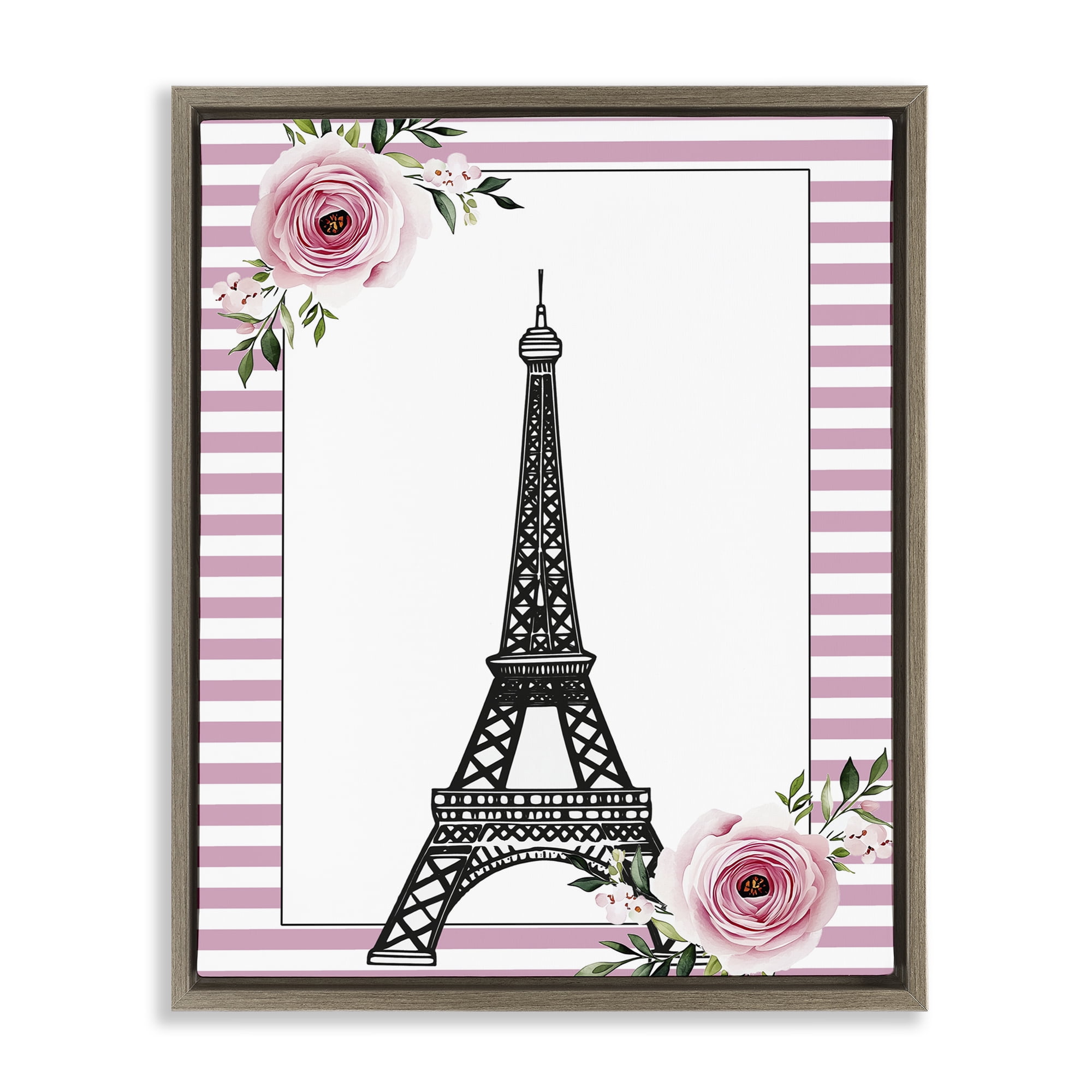 Parisian Tower & Roses Brown Framed Floater Canvas Wall Art, design by ...