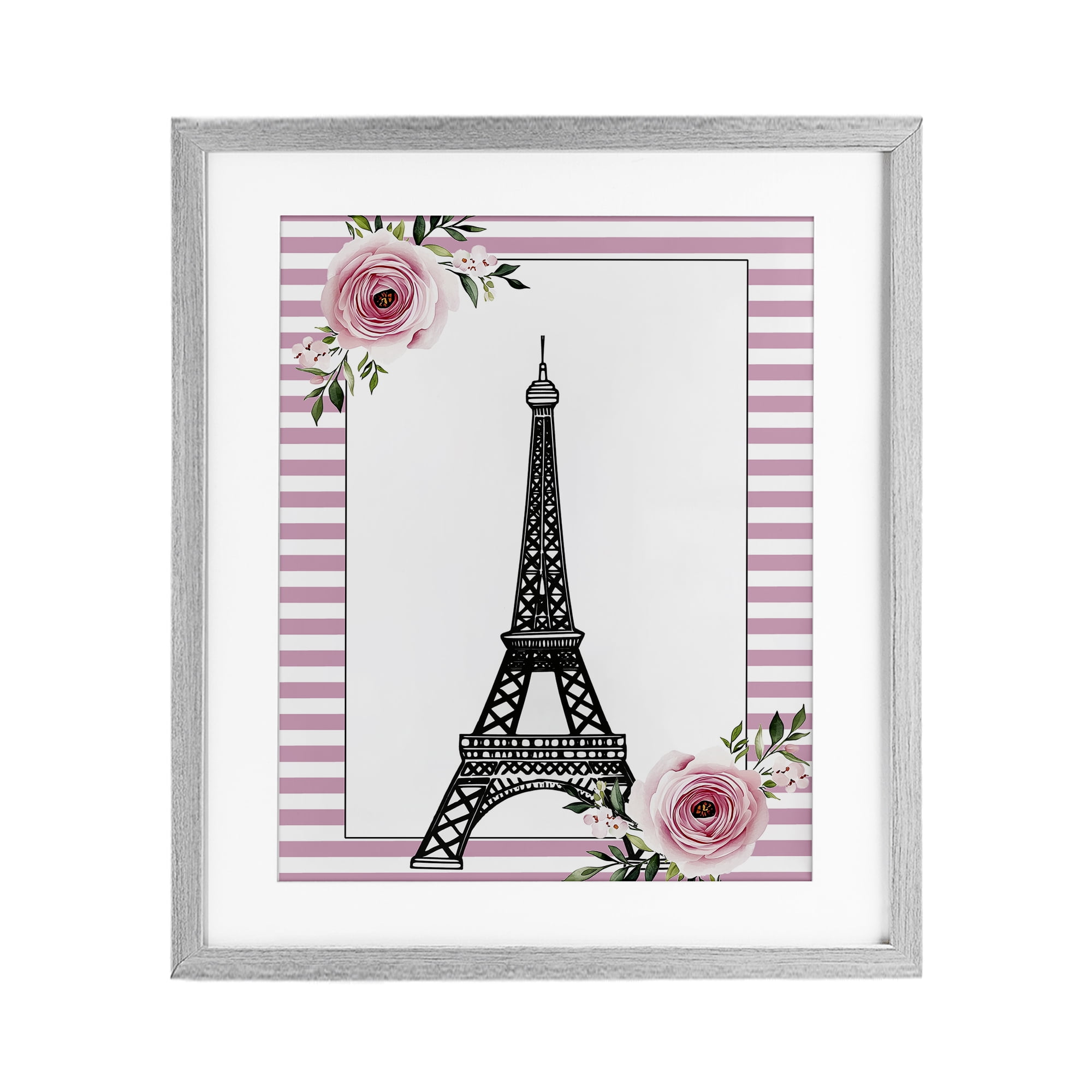 Parisian Tower & Roses Gray Framed Print Under Glass, design by ...