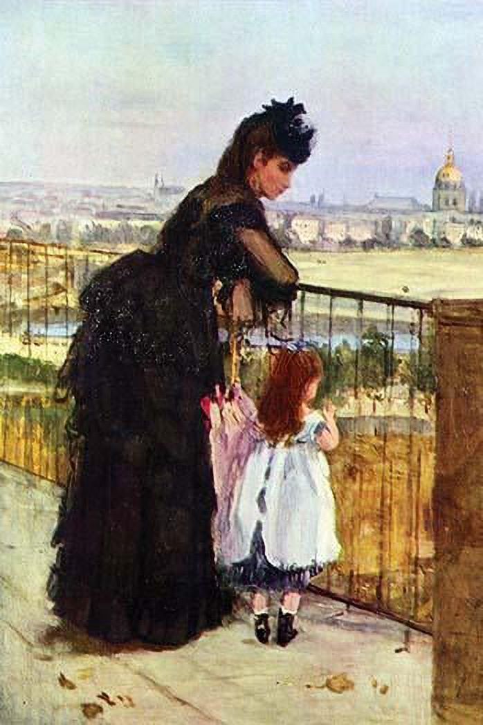 Parisian woman looks over a railing at Sacre Coeur in the distance; she ...