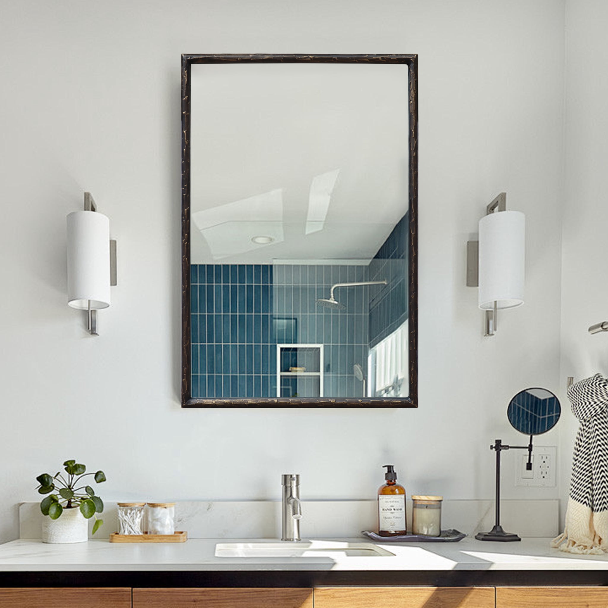 Parisloft Antique Black Metal Framed Rectangle Bathroom Mirror for Wall ...