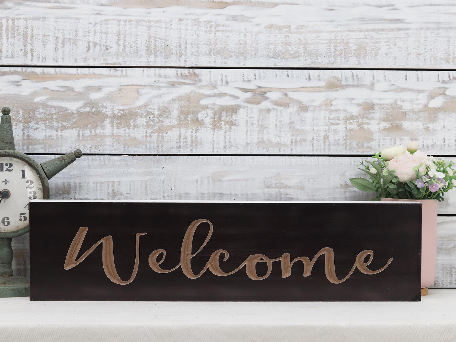 Parisloft Welcome Carved Wood Box Sign, Farmhouse Style Freestanding ...