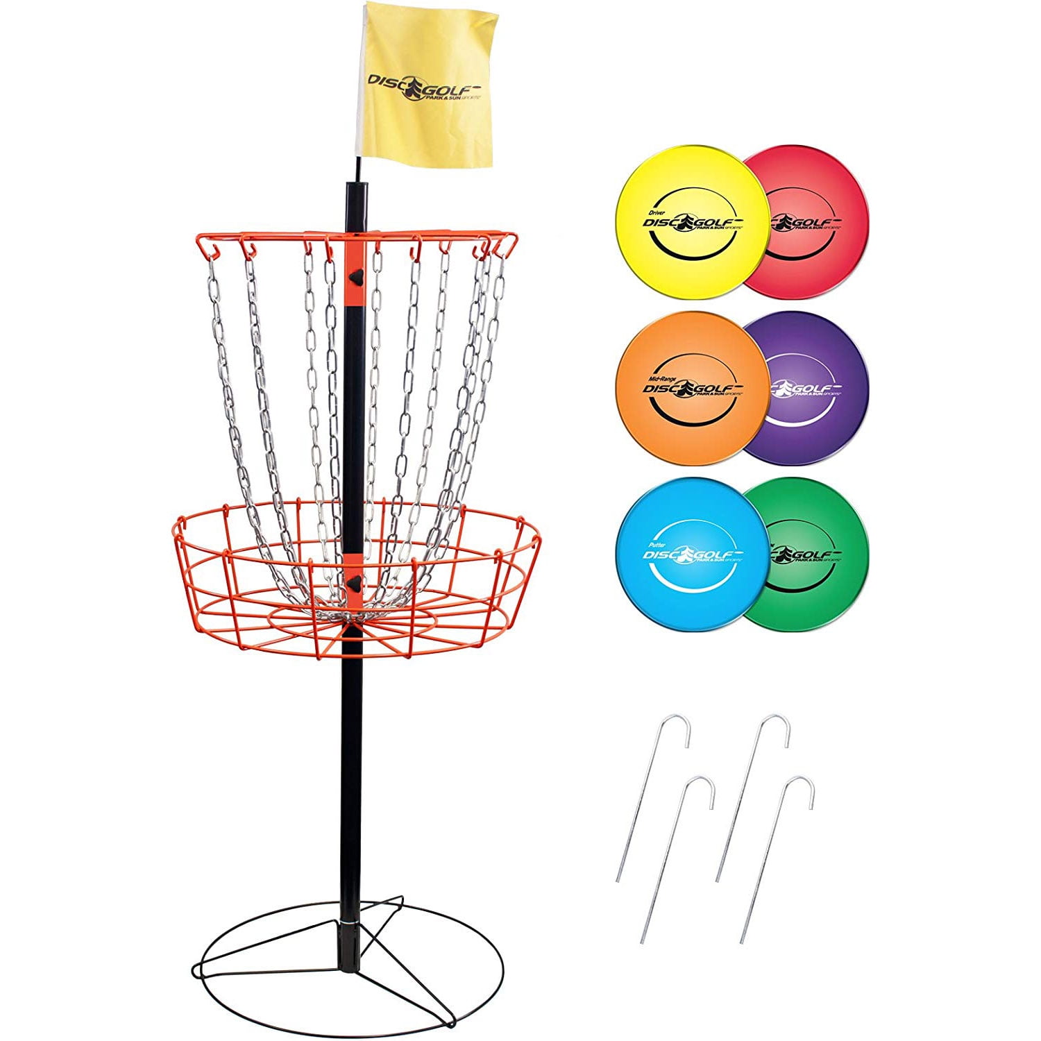 Park & Sun Sports Outdoor Disc Golf Steel Target Basket w/ 6 Throwing ...