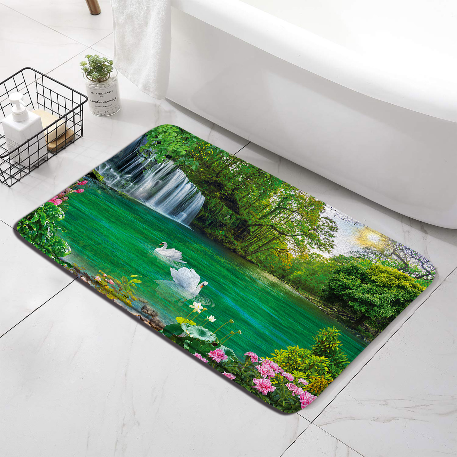 Park Waterfall Bath Mat Set Spring Rustic Green Plant Nature Landscape ...